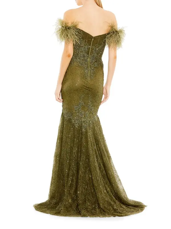 Mac Duggal Off-the-shoulder Feather Embellished Mermaid Gown
