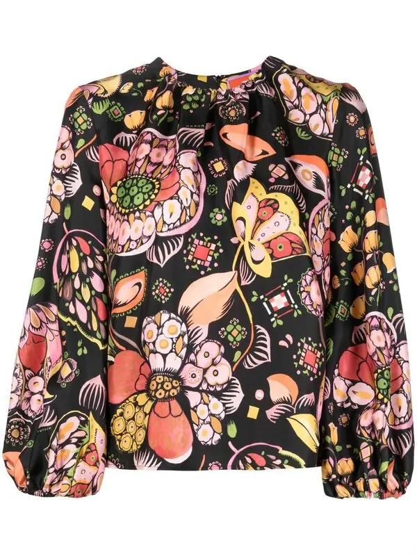 La DoubleJ Floral Print Silk Blouse - Black