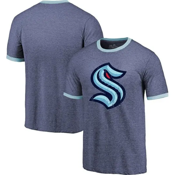 MAJESTIC THREADS Heathered Deep Sea Blue Seattle Kraken Ringer Contrast Tri-blend T-shirt - Navy