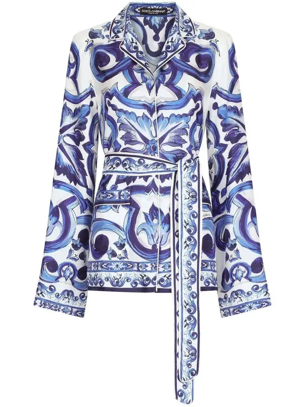Dolce & Gabbana Majolica-print Silk Pajama Shirt - Blue