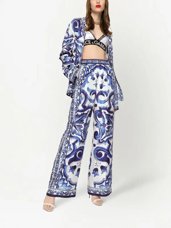 Dolce & Gabbana Majolica-print Silk Pajama Shirt - Blue