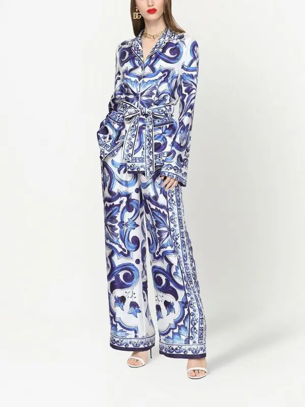 Dolce & Gabbana Majolica-print Silk Pajama Shirt - Blue