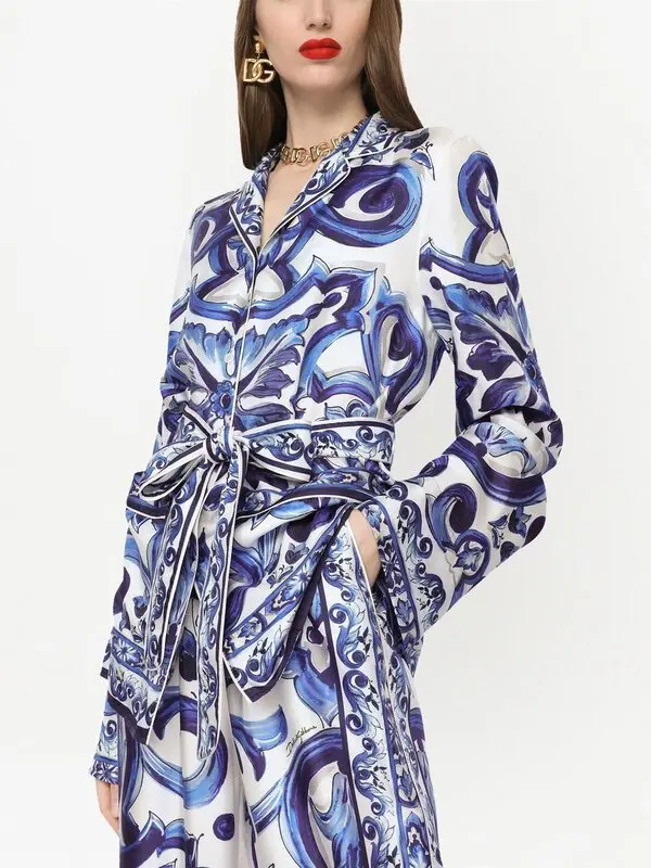 Dolce & Gabbana Majolica-print Silk Pajama Shirt - Blue