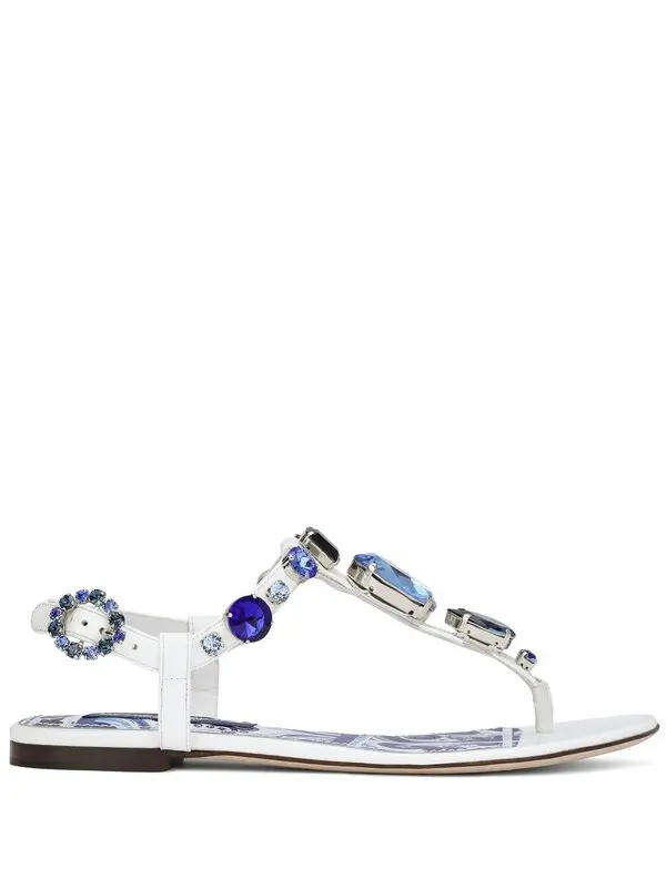 Dolce & Gabbana Bejeweled Leather Thong Sandals - White