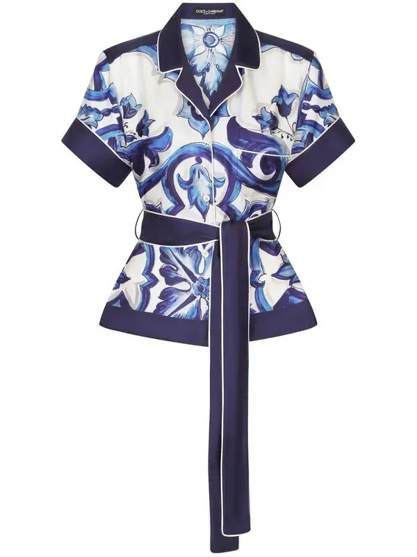 Dolce & Gabbana Majolica-print Belted Silk Shirt - Blue