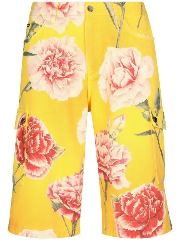 Dolce & Gabbana Carnation Print Cargo Denim Shorts - Yellow