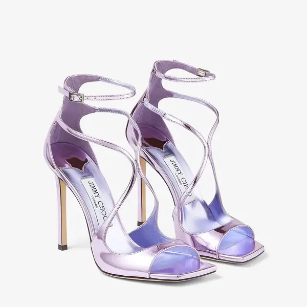 JIMMY CHOO Azia 110 Mauve Liquid Metal Leather Sandals Mauve