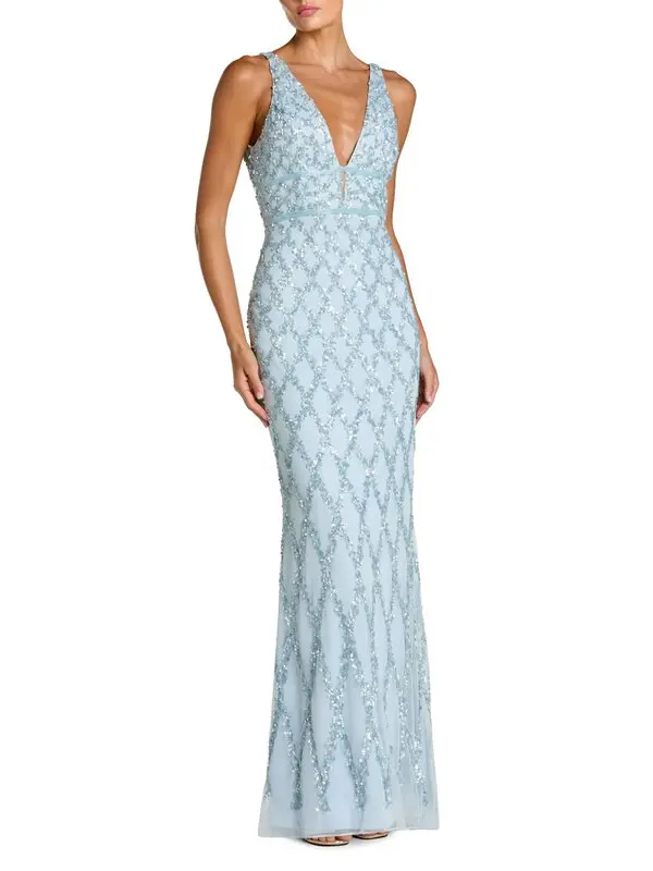 Mac Duggal Embellished V-neck Column Gown - Ice Blue