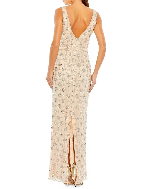 Mac Duggal Embellished V-neck Column Gown - Silver