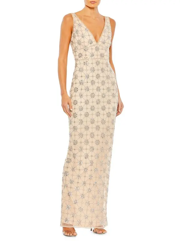 Mac Duggal Embellished V-neck Column Gown - Silver