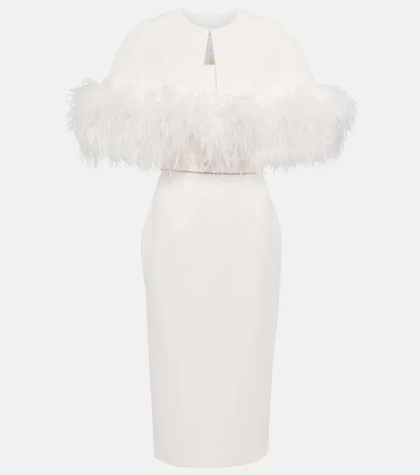 Safiyaa Bridal Feather-trimmed Crêpe Midi Dress - White