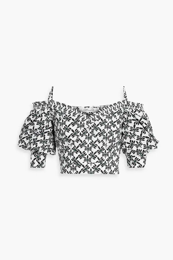 Diane Von Furstenberg Margaret Cold Shoulder Floral Print Cotton Poplin Top - Black