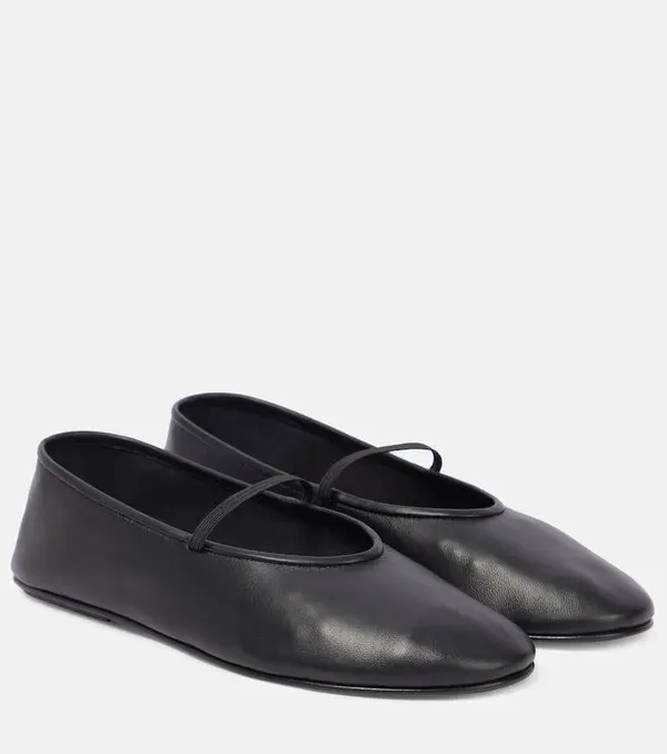 THE ROW Leather Elastic Ballet Flats - Black