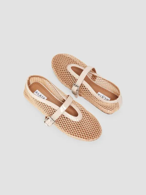Alaïa Ballerina Strap Fishnet Flats - Beige Clair