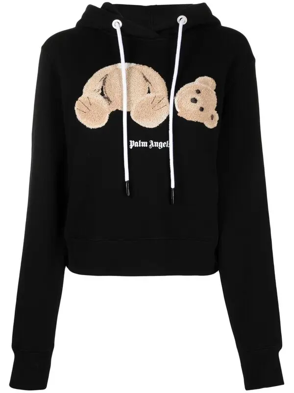 Palm Angels Bear Logo Cropped Hoodie - Black