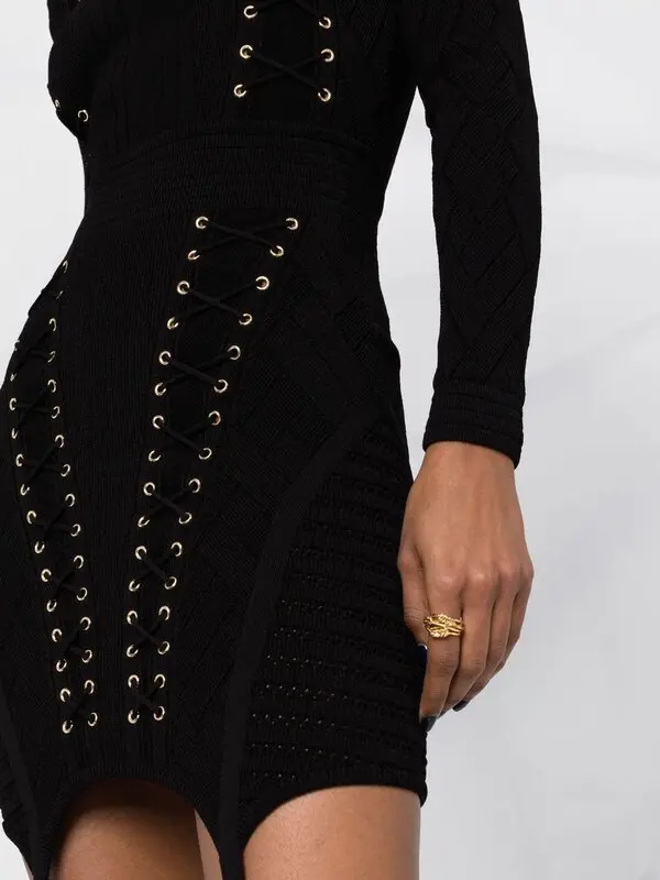 Balmain Eyelet-Detail Lace-Up Dress - Black - 69% Off | Editorialist