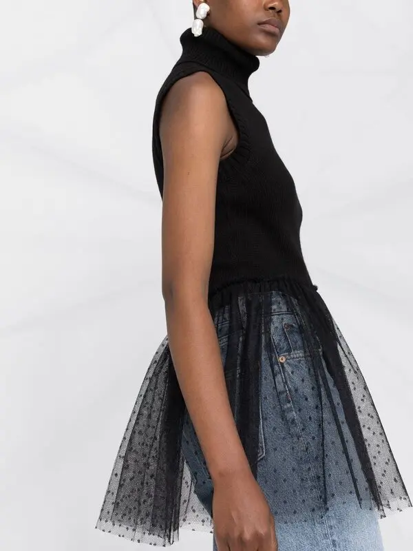 Red Valentino Knitted Peplum Top With Tulle Hem