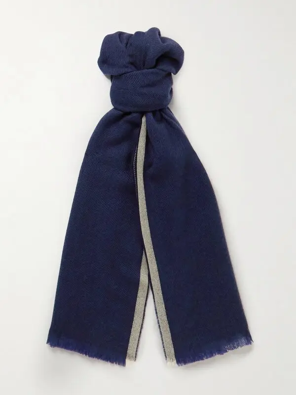 Brunello Cucinelli Fringed Striped Wool And Cashmere-blend Scarf - Blue