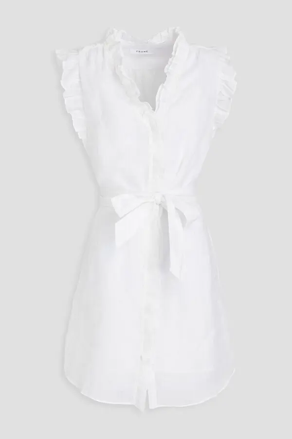 FRAME Lauren Ruffled Ramie Gauze Mini Dress - White