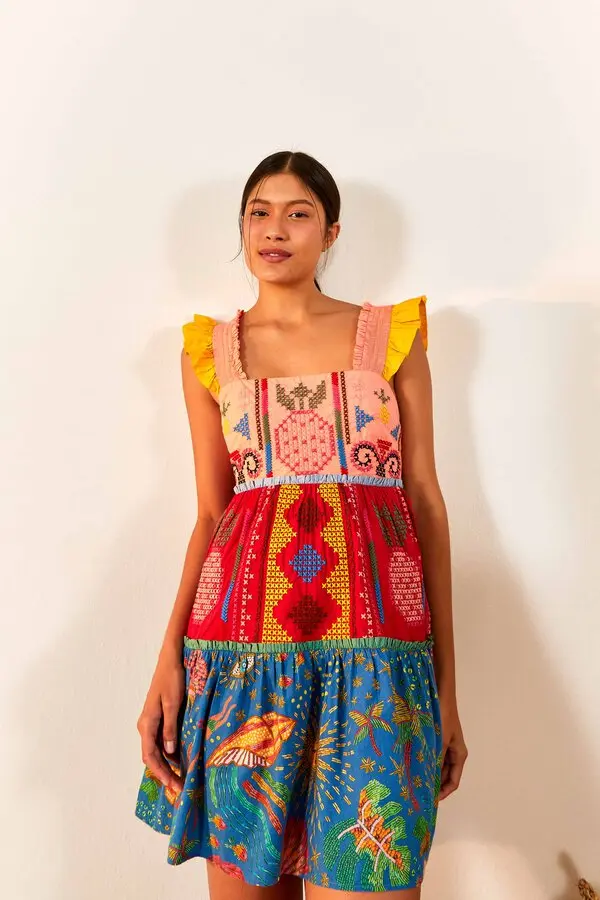 farm rio embroidered square-neck dress FARM Rio Multicolor Heart DECO Lenzing Ecovero Viscose Slip Maxi Dress, Heart DECO GREEN / XXS main image 0