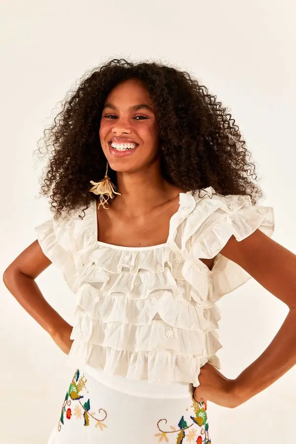 Farm Rio 3d Flower Layered Blouse - Off-White | Editorialist