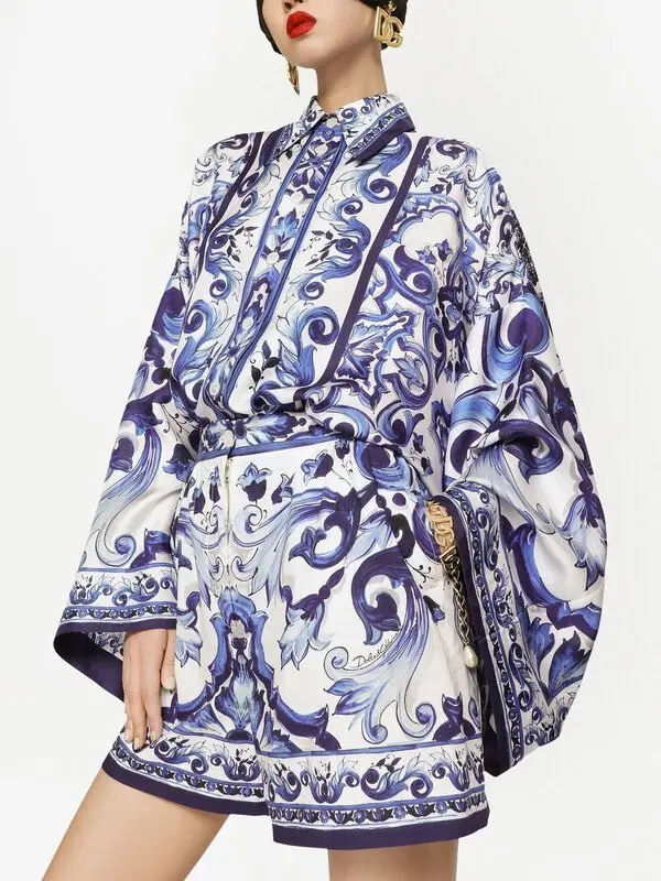 Dolce & Gabbana Majolica-print Batwing-sleeve Shirt - Blue