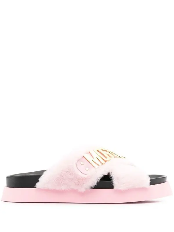 Moschino Logo Faux-fur Slides - Pink