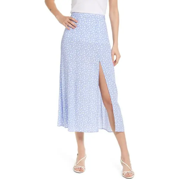& Other Stories Floral Side Slit Midi Skirt - Blue W White Flowers