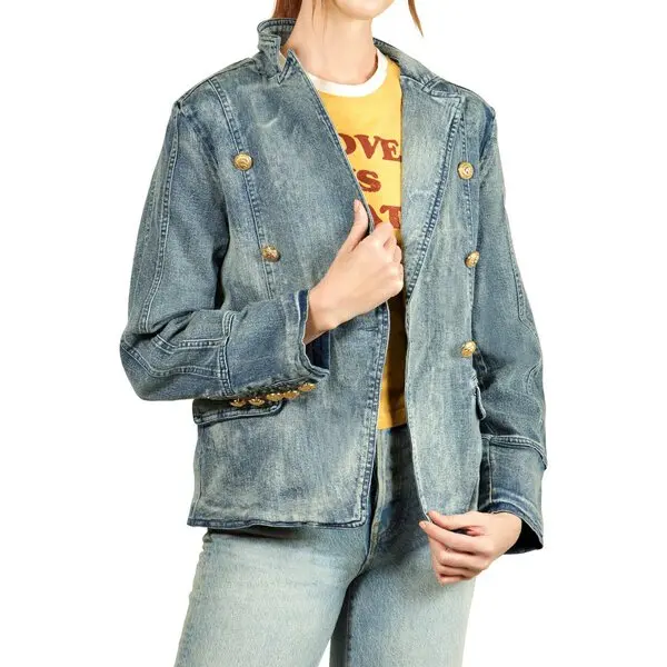 NIKKI LUND Double-breasted Denim Blazer - Medium Blue