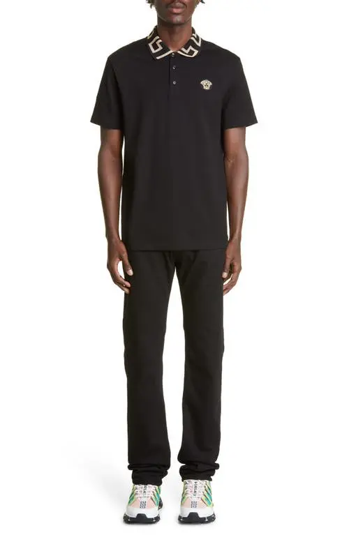 Versace Greco Collar Cotton Piqué Polo - Black