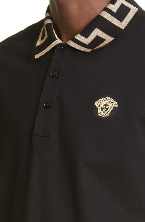 Versace Greco Collar Cotton Piqué Polo - Black
