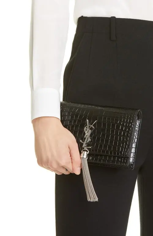 Saint Laurent Kate Croc Embossed Leather Wallet On A Chain