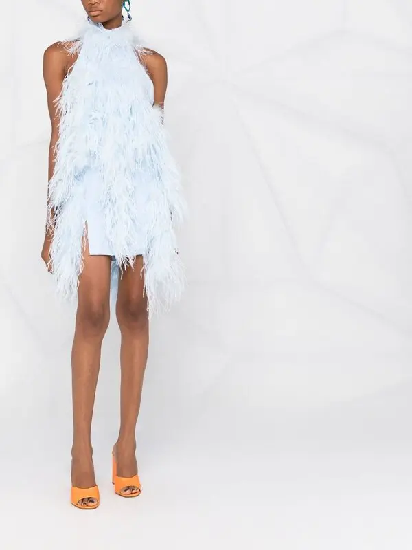 Feather-trim Halterneck Mini Dress