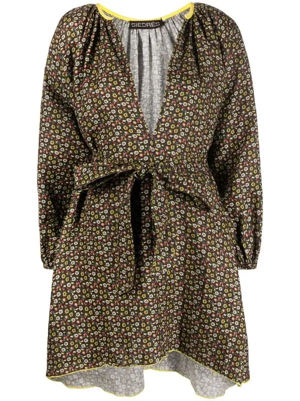 SIEDRES Belted Floral-print Linen Dress