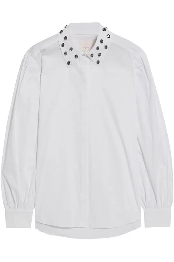 Cinq À Sept Eli Crystalembellished Cottonblend Poplin Shirt - White