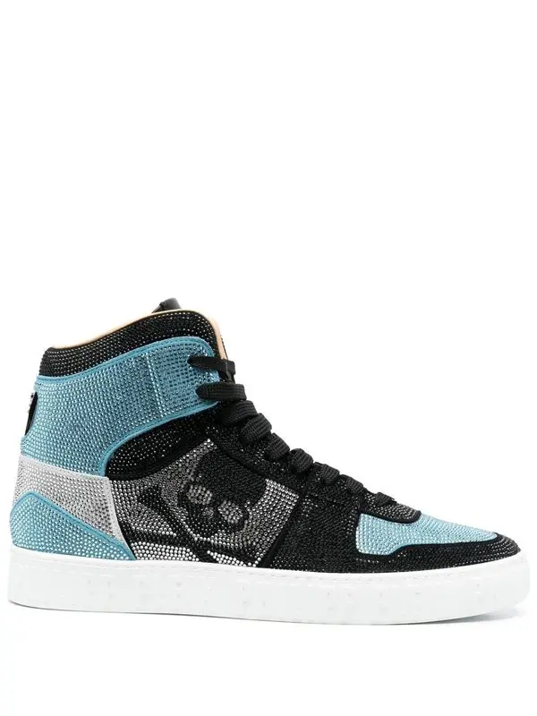 Philipp Plein Crystal Embellished Skull Motif High-top Sneakers - Blue