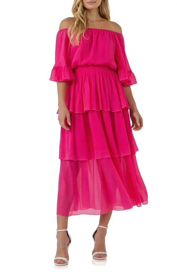Endless Rose Off The Shoulder Tiered Chiffon Dress - Fuchsia