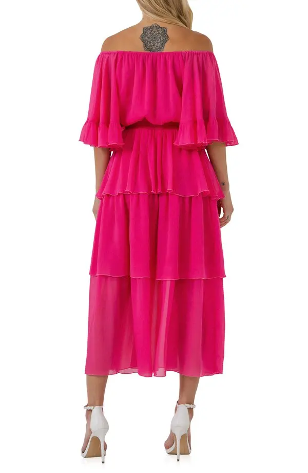Endless Rose Off The Shoulder Tiered Chiffon Dress - Fuchsia