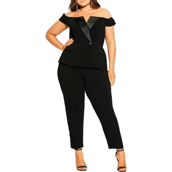 City Chic Off-the-shoulder Jumpsuit With Peplum Waist - Black