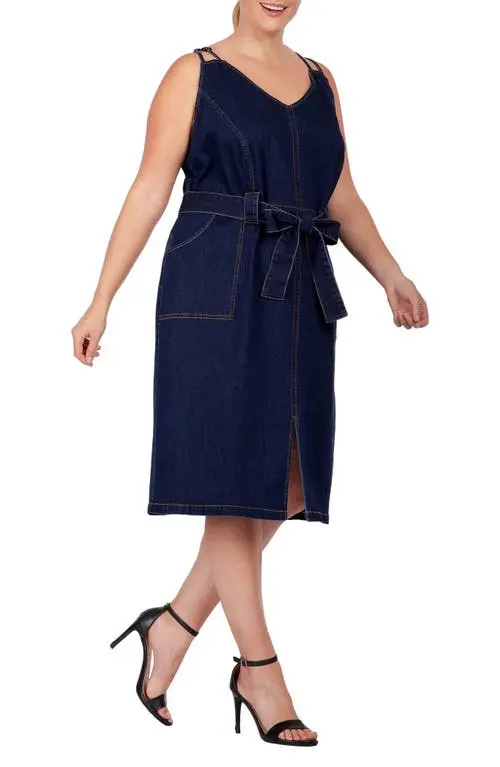 STANDARDS & PRACTICES Double Strap Tie Waist Denim Midi Dress