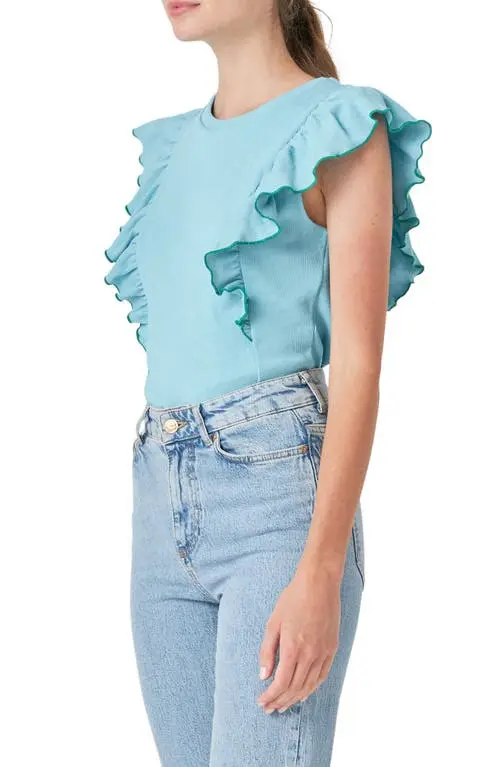 English Factory Merrow Ruffle Top - Powder Blue/green