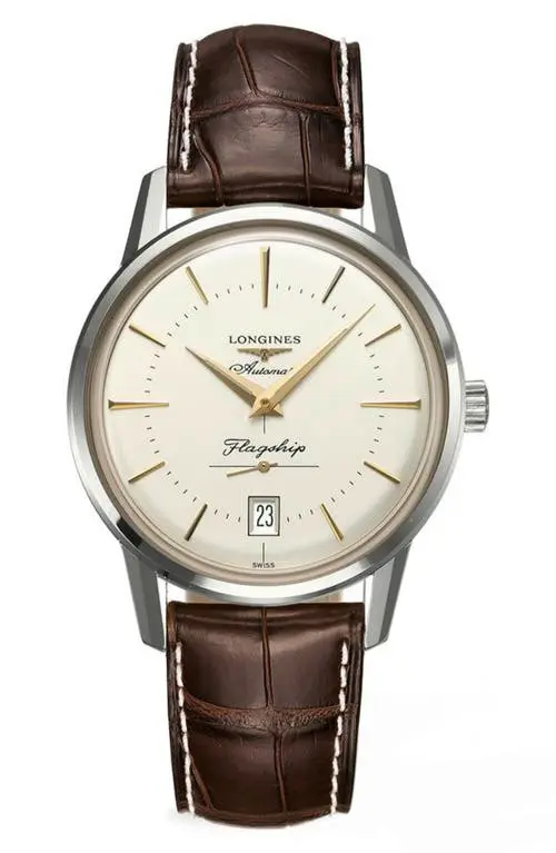 LONGINES Heritage Flagship Automatic Leather Strap Watch - Silver