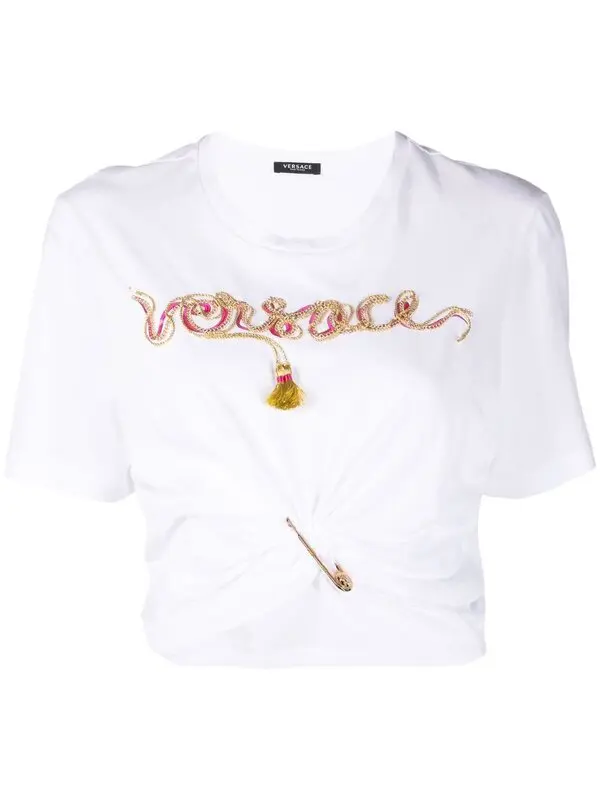 Versace Embellished-logo Safety-pin T-shirt - White