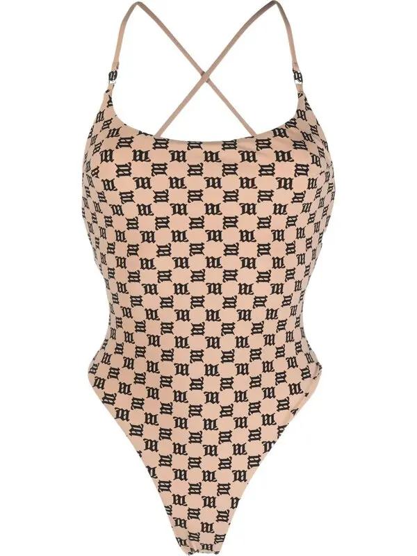 MISBHV Criss-cross Monogram-print Swimsuit - Neutrals