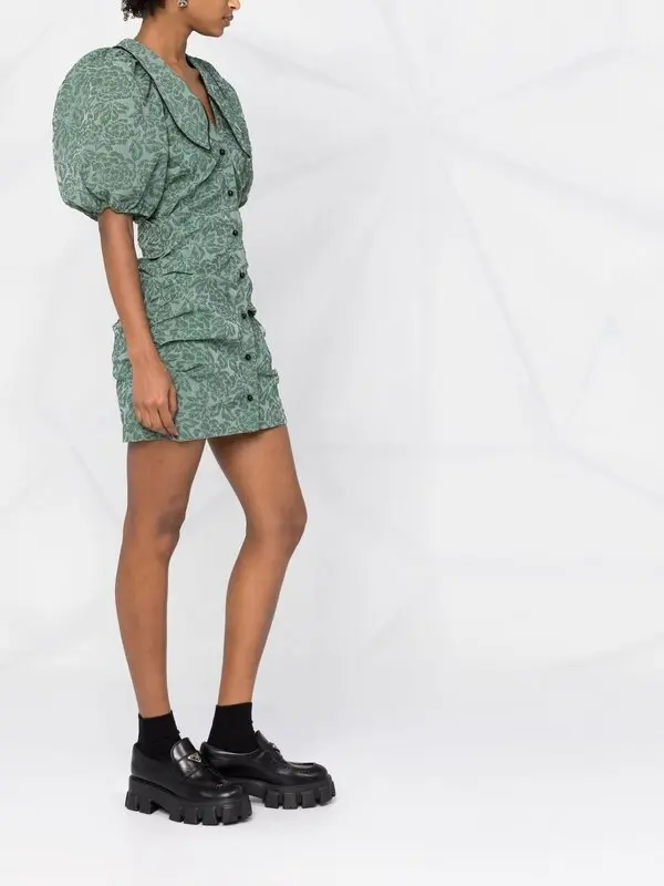 green emerald velvet dress GANNI Gathered Jacquard Mini Dress Myrtle Size 34 Puff Sleeve Button-F   Celebrity Owned