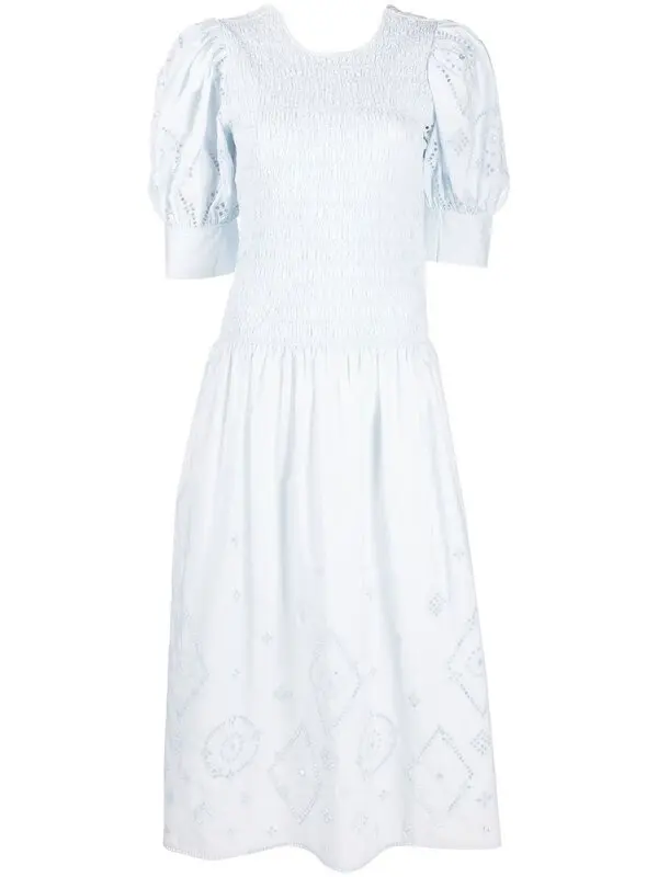 GANNI Broderie Anglaise Puff Sleeve Midi Dress