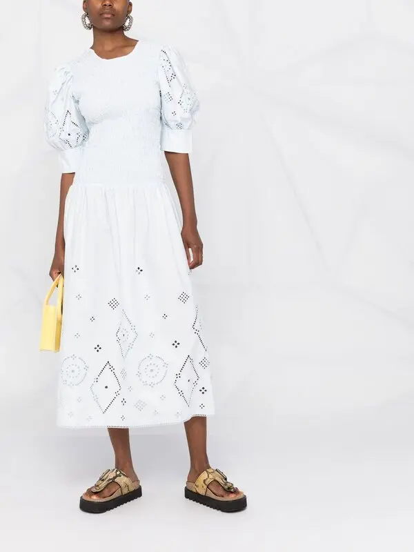 GANNI Broderie Anglaise Puff Sleeve Midi Dress