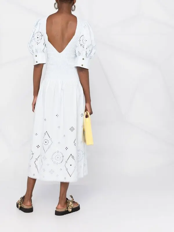 GANNI Broderie Anglaise Puff Sleeve Midi Dress