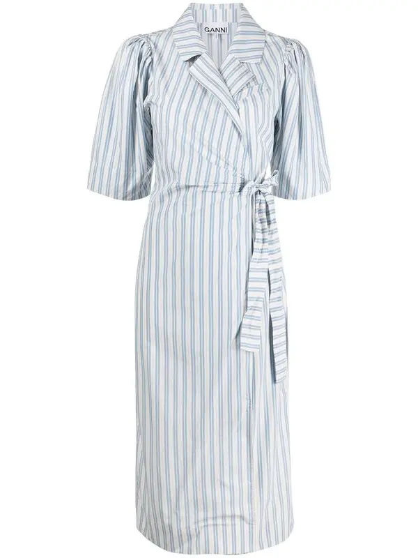 GANNI Striped Wrap Midi Dress