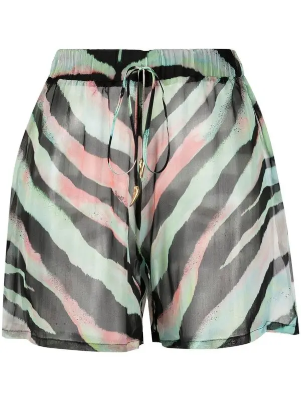 Roberto Cavalli Zebra Print Silk Drawstring Shorts - Blue